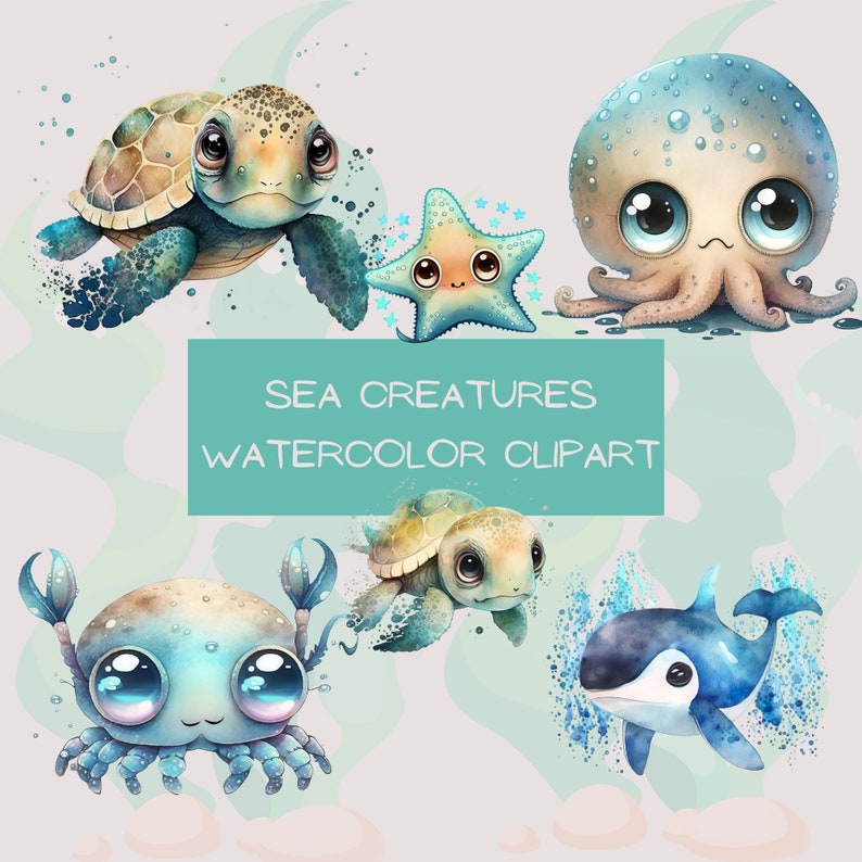 Watercolor Under the Sea Clipart ,turtles, Crab, Octopus, Starfish ...