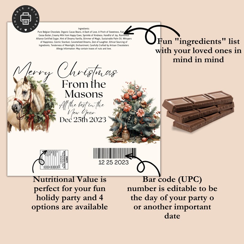 Customizable Chocolate Bar Wrapper, Christmas, Printable Candy Bar ...