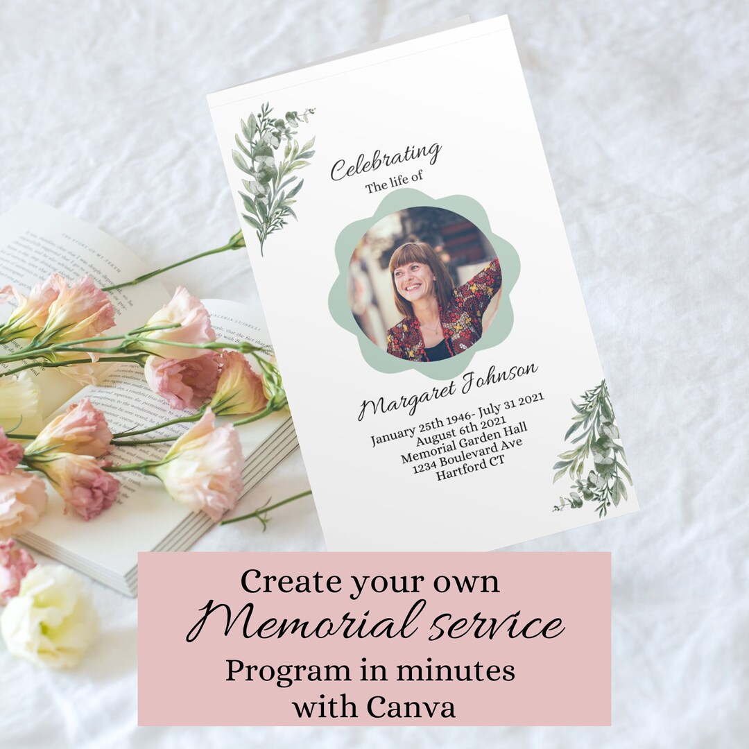 Editable Funeral Program Template, Greenery Bi-fold Obituary (canva ...