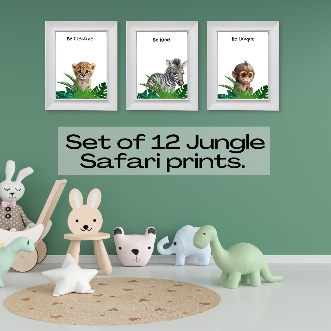 Safari Animal Nursery Print Set, Watercolor Jungle Decor (set of 12 ...