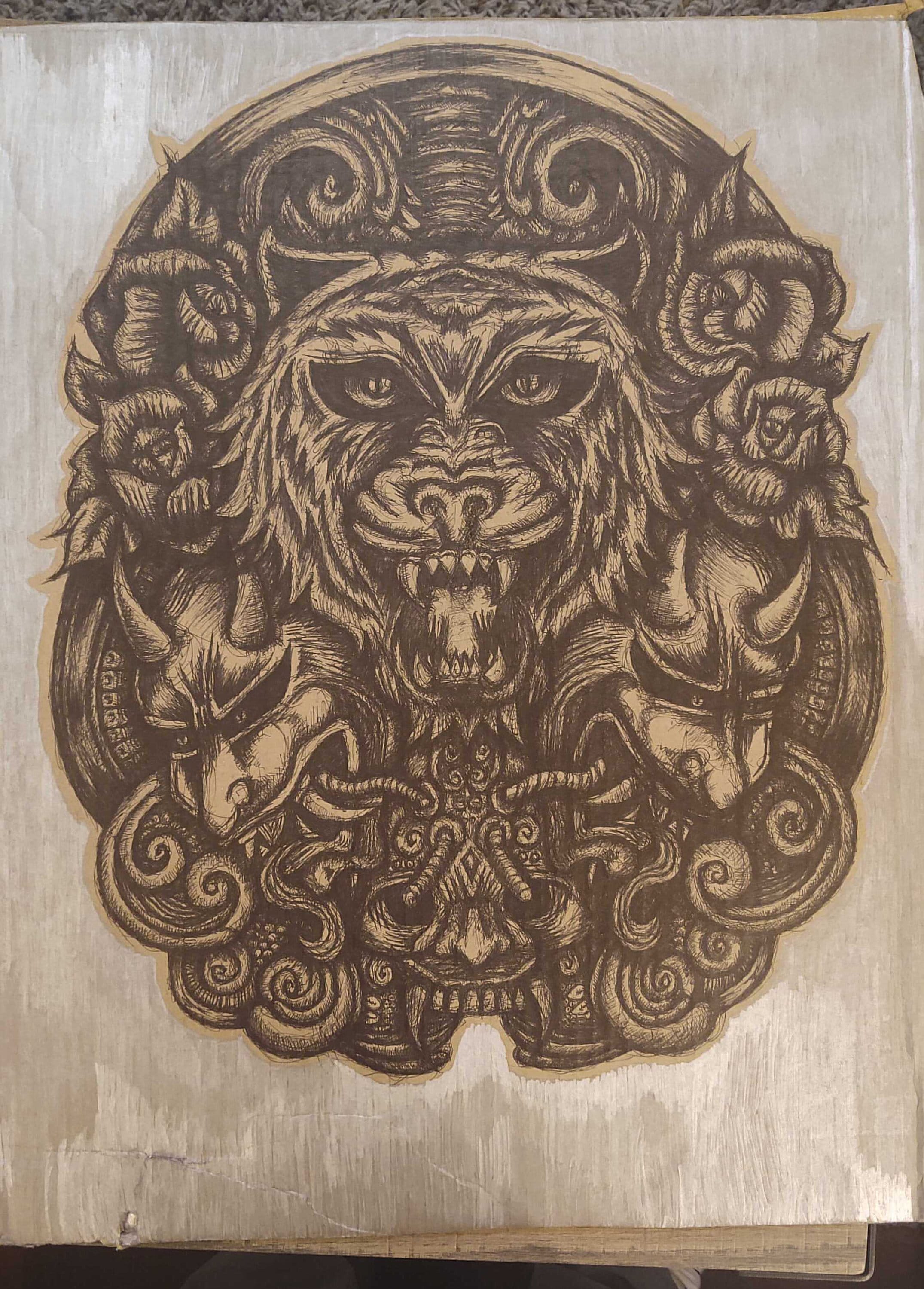 Shield Bear Face Devil Tattoo Artwork Amazon Cardboard Art Print Silver ...