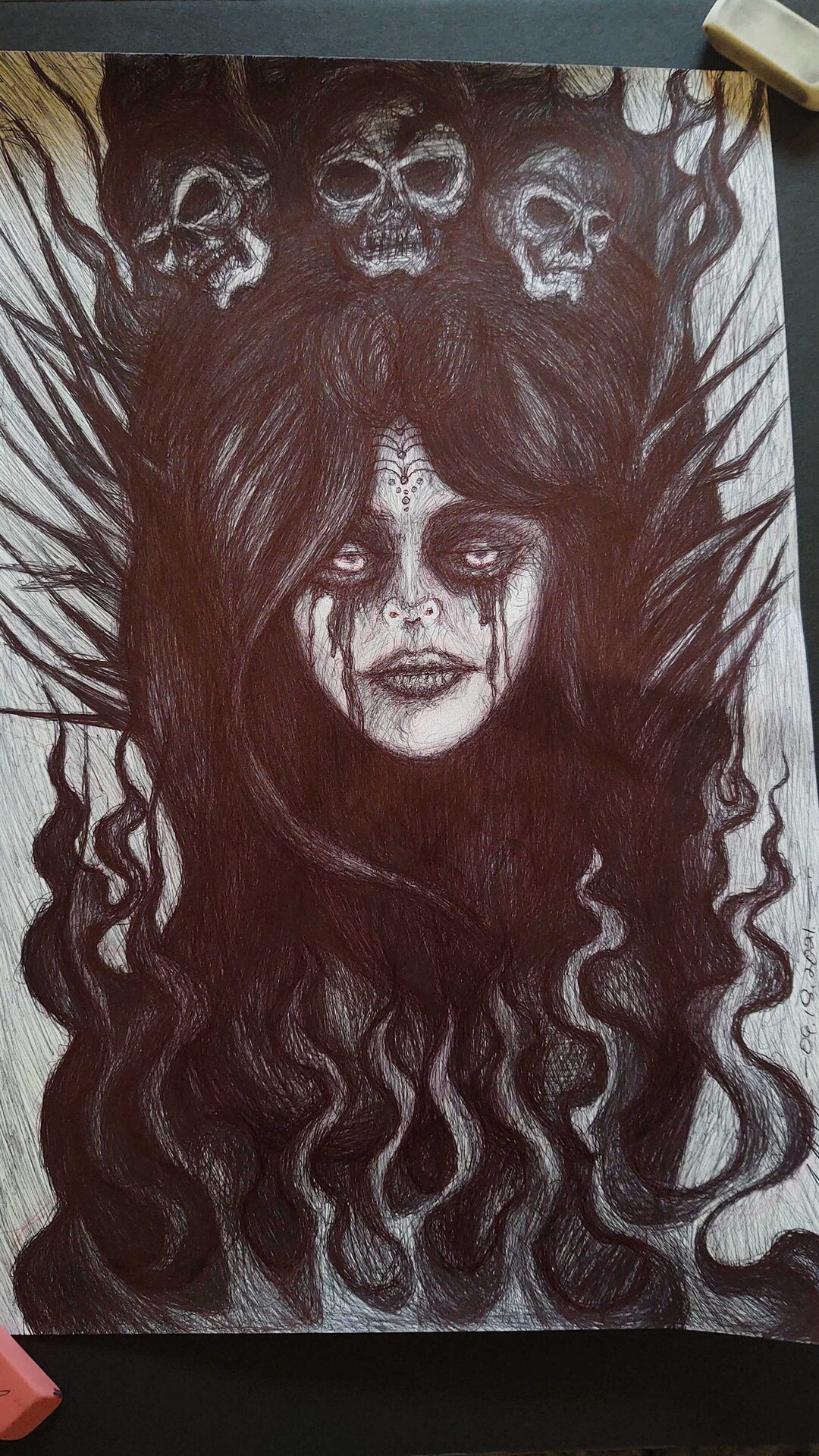Demonia Gothic Emo Woman Face Black Ball Point Bic Pen Biro Sketch ...