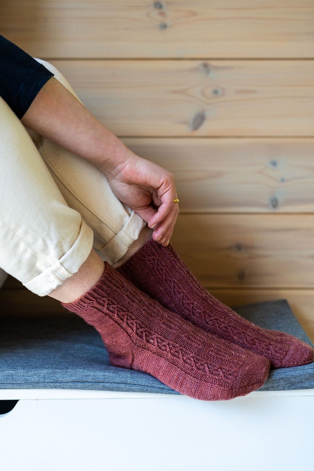 Cable Socks Knitting Pattern, Ankle Ribbed Knit Wool Socks, Womens ...