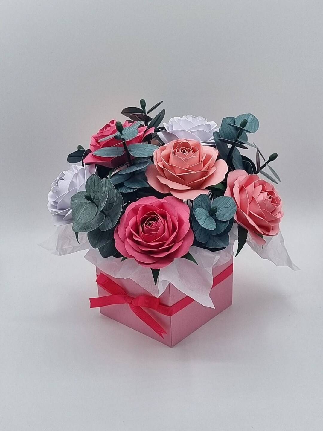 Paper Flower Bouquet Box Handmade Roses Eucalyptus Flower Arrangement ...