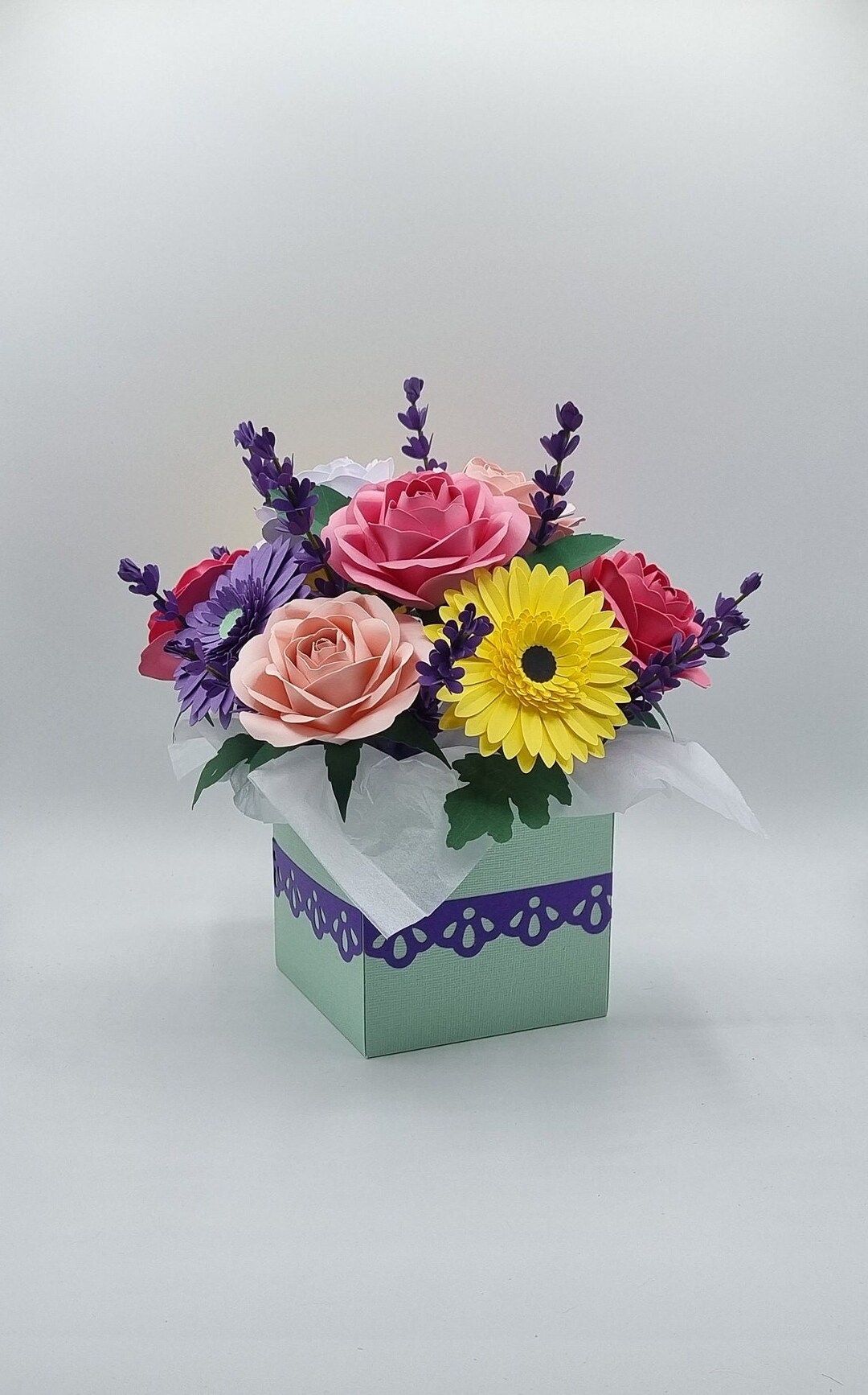 Paper Flower Bouquet Box Handmade Roses Gerberas Lavender Flower ...