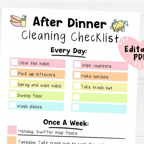 After Dinner Cleaning Checklist Cleaning Schedule Cleaning - Etsy