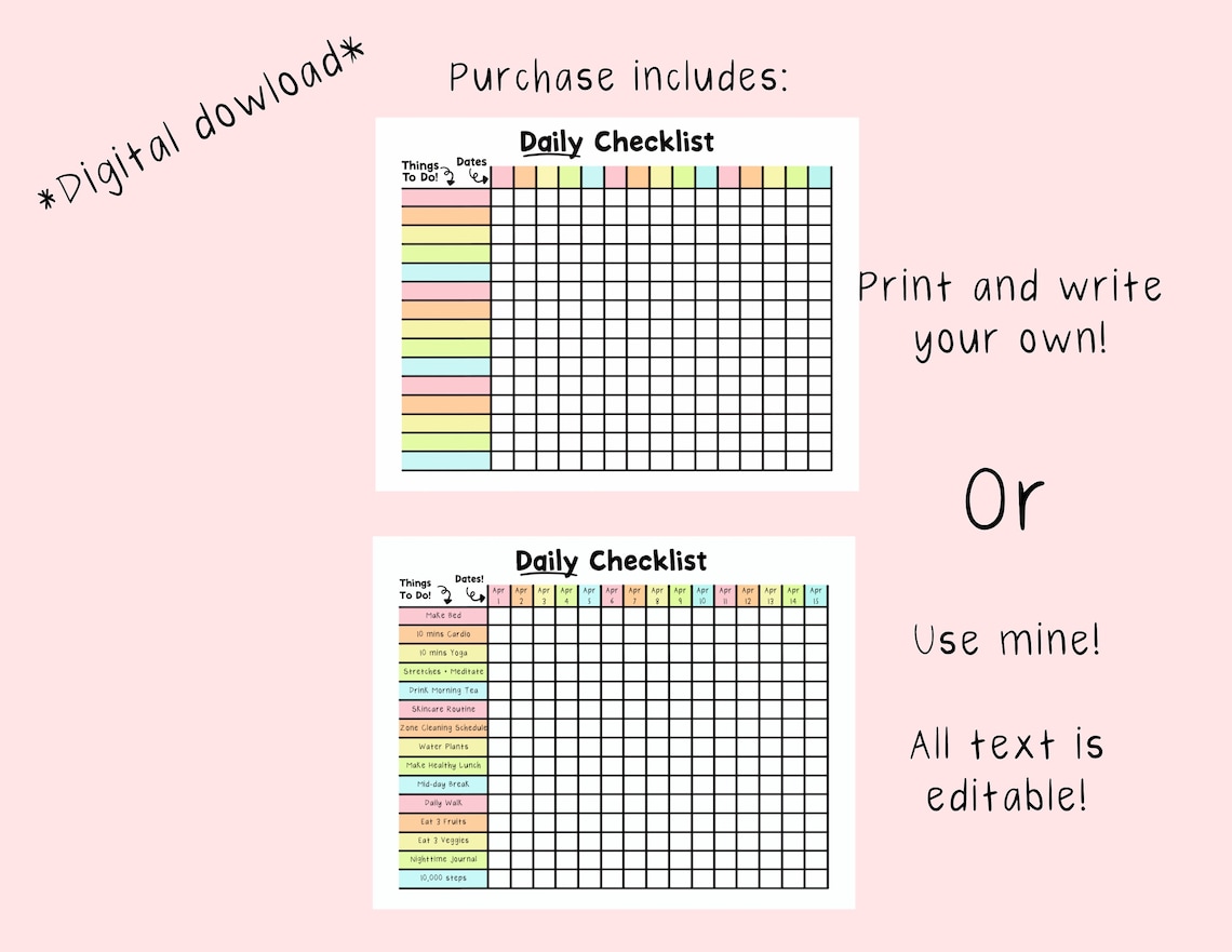 Daily Checklist Template Editable PDF - Etsy