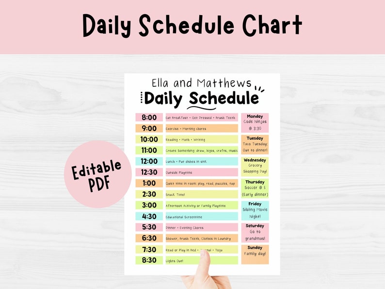Daily Schedule Template Editable PDF Chore Chart - Etsy