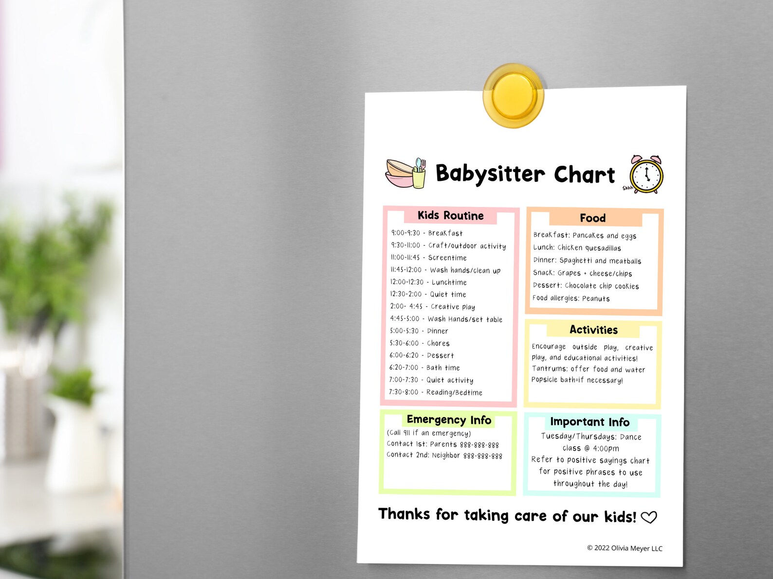 Babysitter Information Chart | Simple Babysitter Planner, Babysitter ...