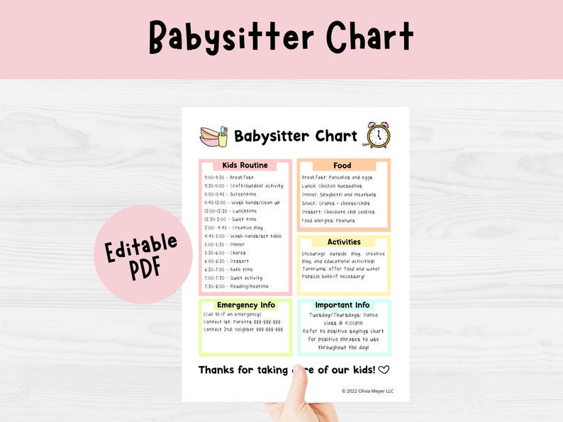 Babysitter Information Chart | Simple Babysitter Planner, Babysitter ...