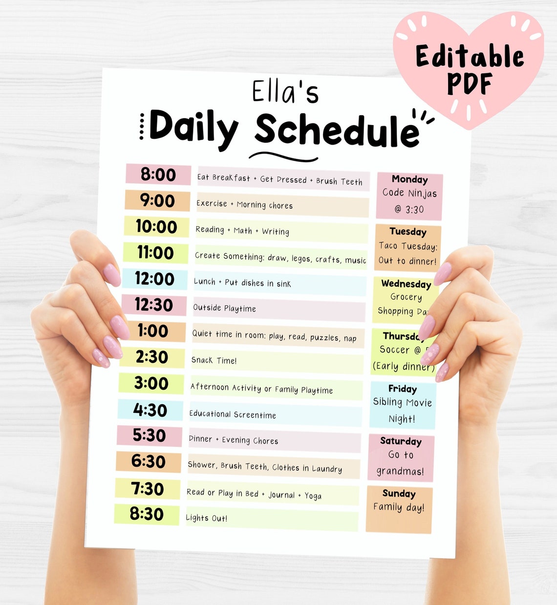 Daily Schedule Template Editable PDF Chore Chart - Etsy