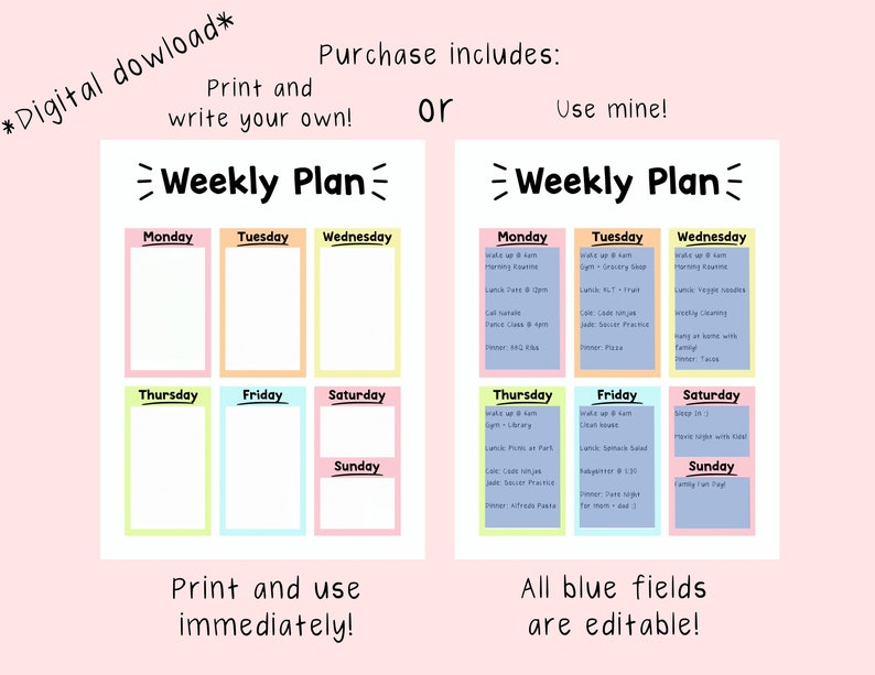 Weekly Plan Chart Weekly Planner Printable - Etsy