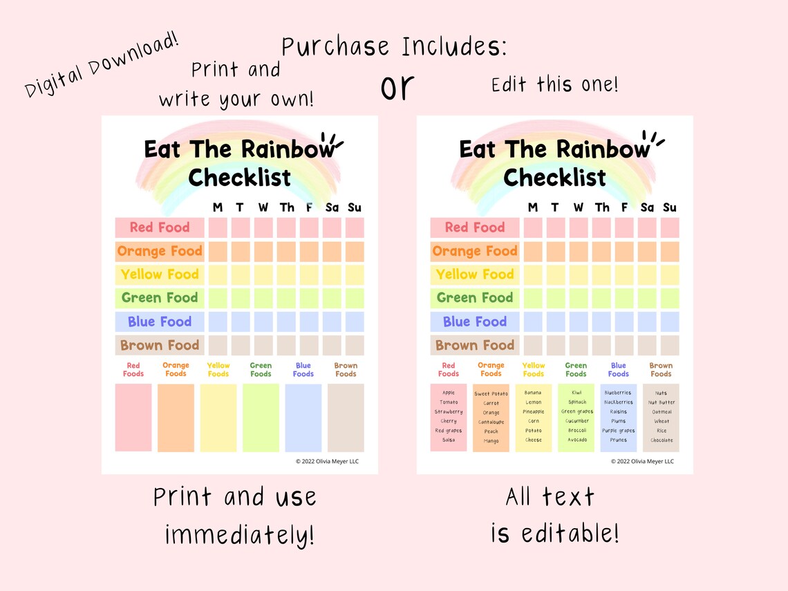 Eat the Rainbow Chart Eat the Rainbow Checklist Kids - Etsy