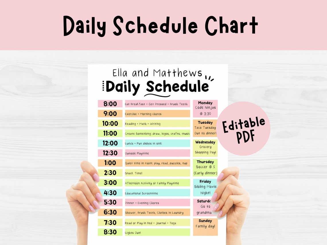 Daily Schedule Template Editable PDF Chore Chart - Etsy