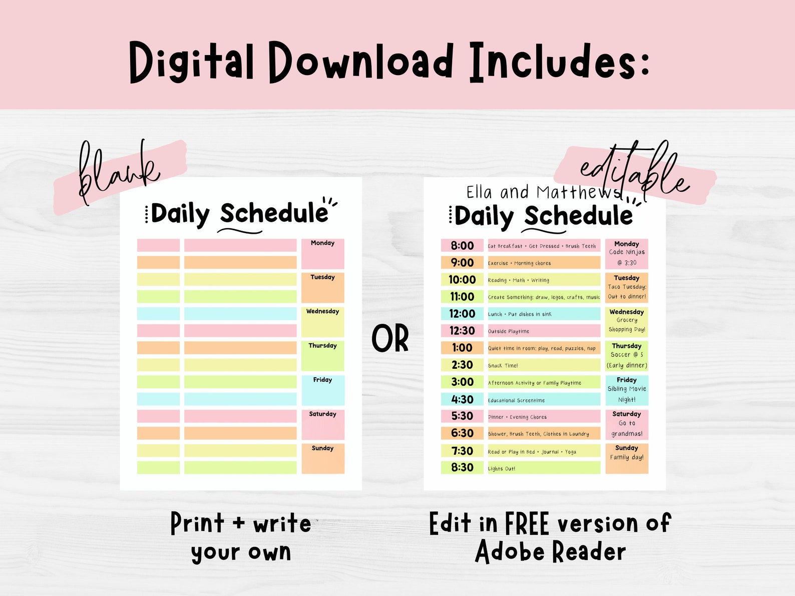 Daily Schedule Template Editable PDF, Chore Chart - Etsy