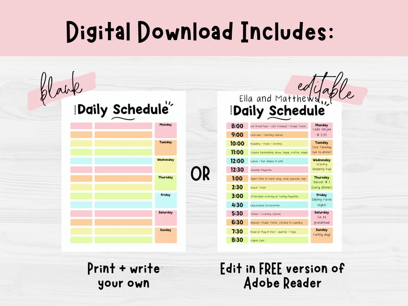 Daily Schedule Template Editable PDF, Chore Chart - Etsy