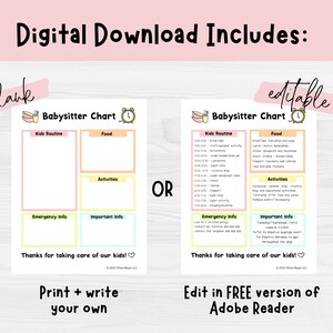 Babysitter Information Chart | Simple Babysitter Planner, Babysitter ...