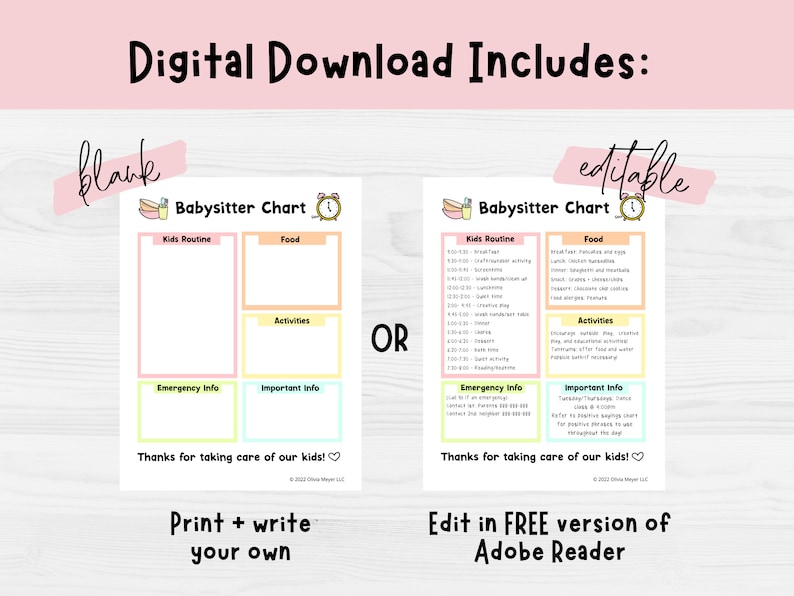 Babysitter Information Chart | Simple Babysitter Planner, Babysitter ...
