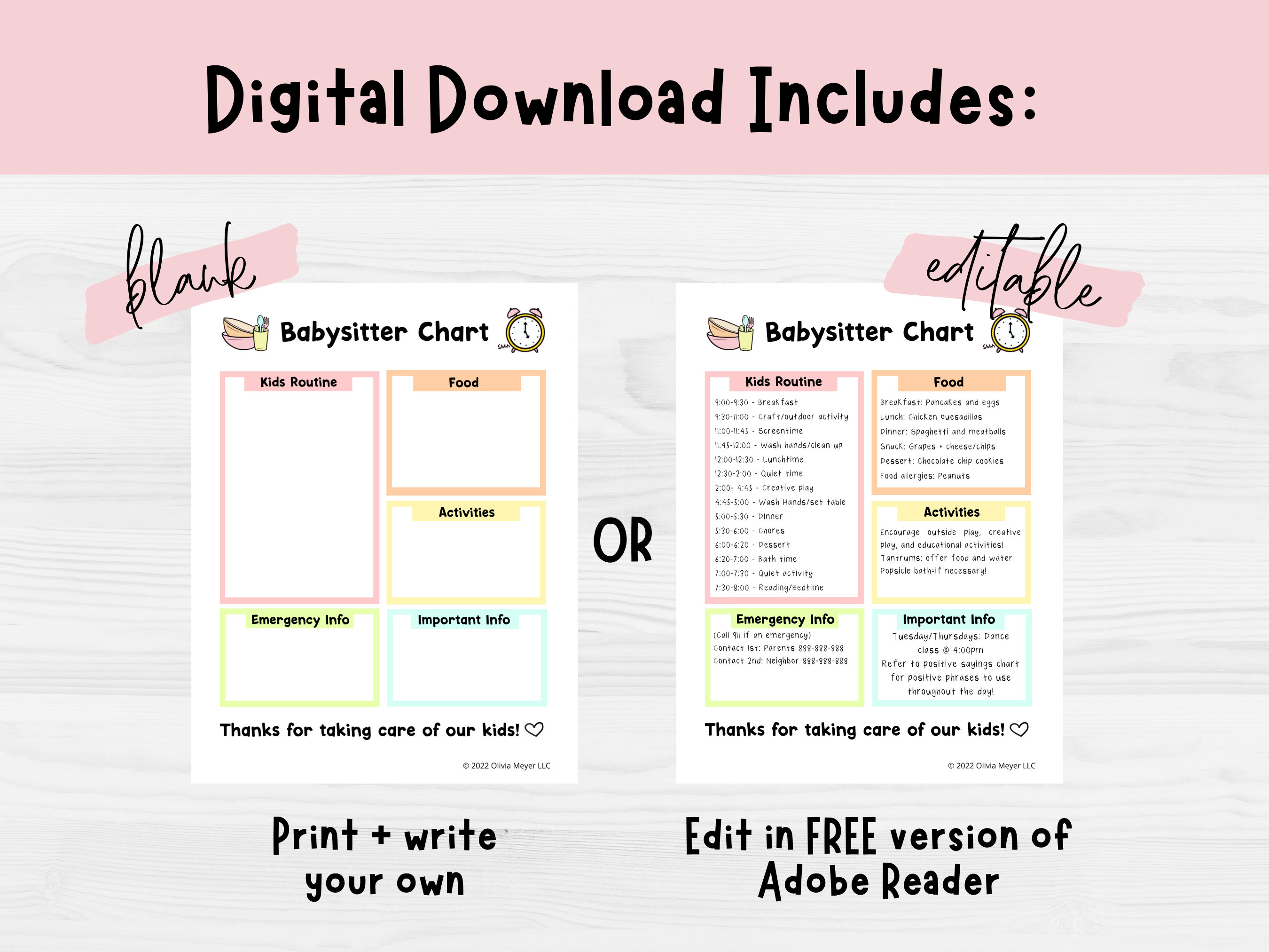 Babysitter Information Chart | Simple Babysitter Planner, Babysitter ...