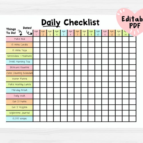 Daily Checklist Template Editable PDF - Etsy Canada