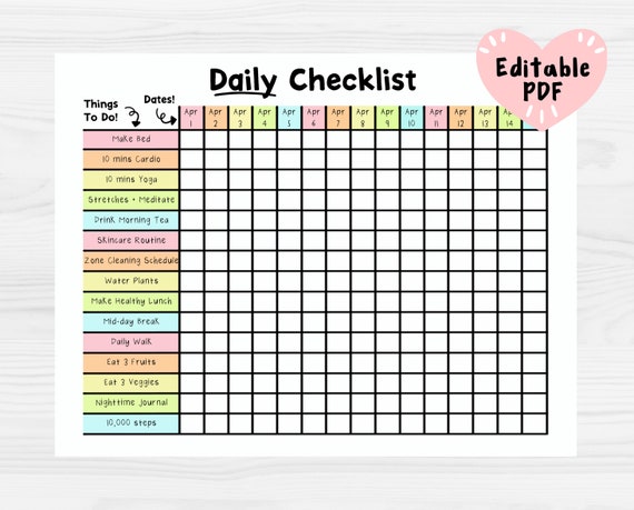 Daily Checklist Template Editable PDF | Etsy