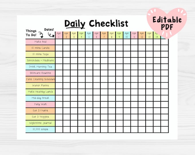 Daily Checklist Template Editable PDF - Etsy