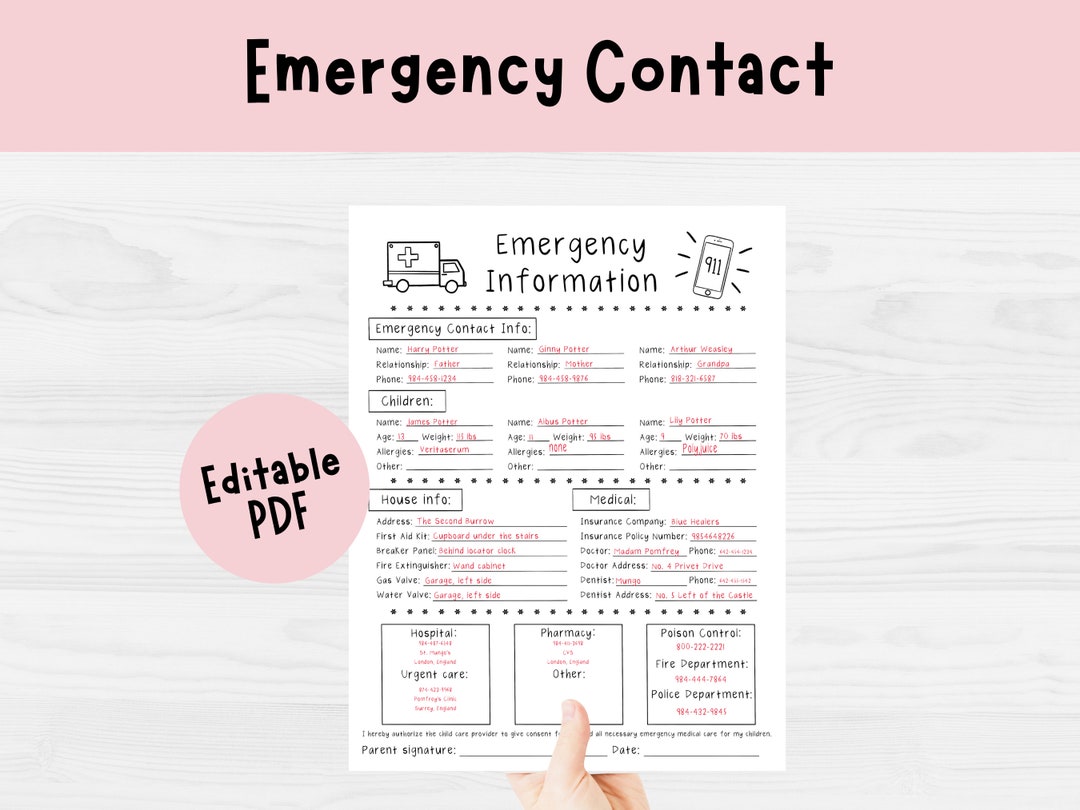 Emergency Contact Sheet | Babysitter Info, Nanny (editable PDF) - Etsy