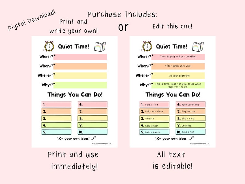 Quiet Time Chart Kids Daily Schedule Idea Printable PDF - Etsy