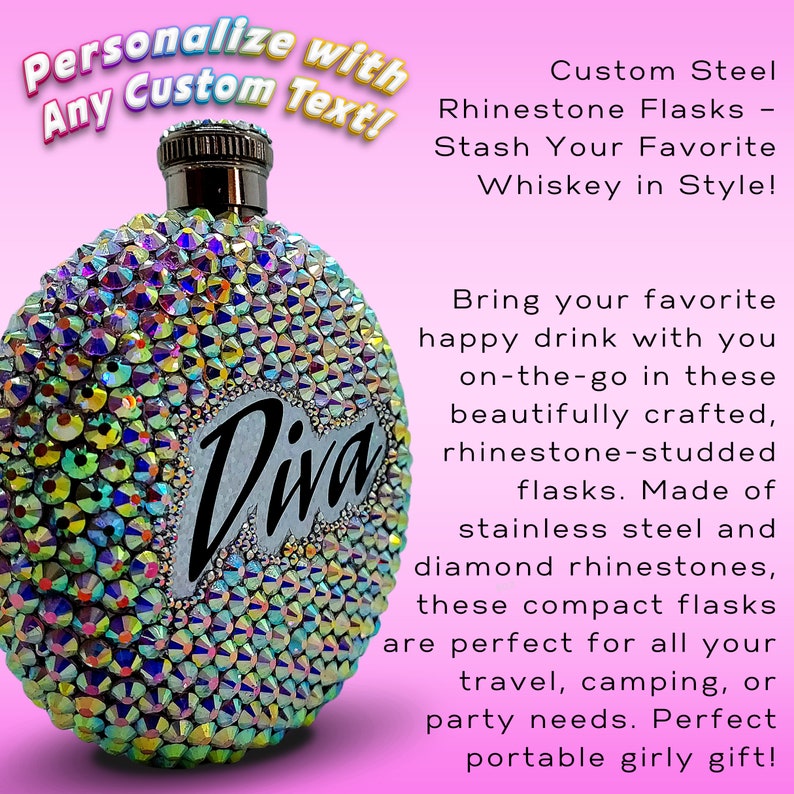 Rhinestone Flask Custom Gift | Custom Text Gift Idea Flask | Girly ...