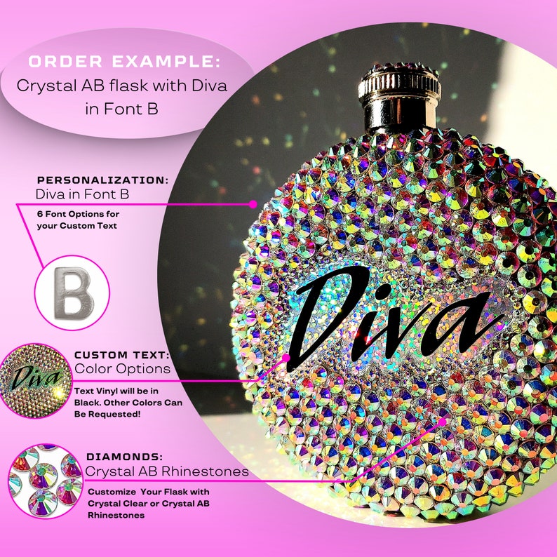 Rhinestone Flask Custom Gift | Custom Text Gift Idea Flask | Girly ...