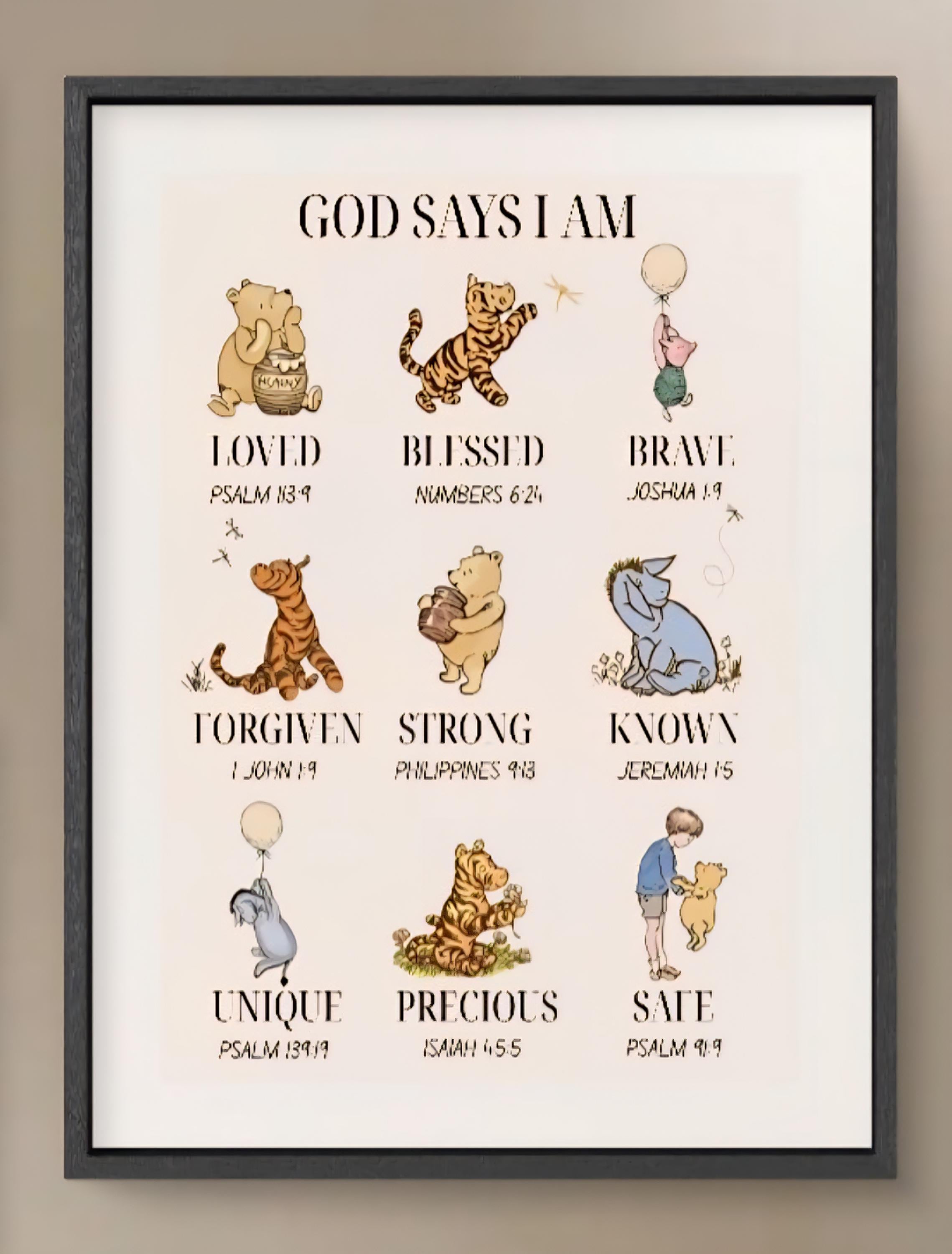 Winnie the Pooh Nursery Print: God Says I Am, Bible Verse (digital ...
