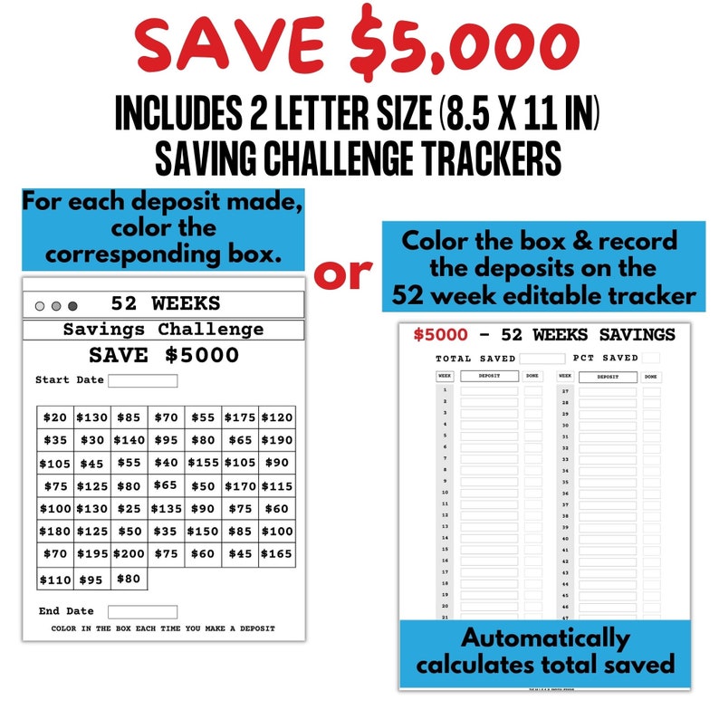 52 Week Savings Challenge Tracker, Editable Money Saving Challenge ...