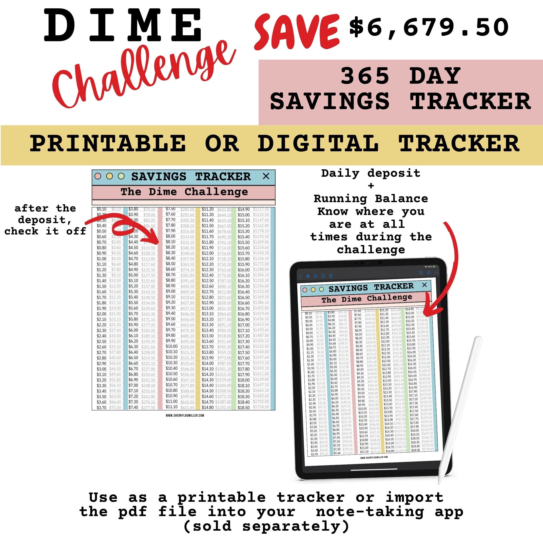 Dime Savings Challenge Tracker, Save 6679, 365 Day Money Saving ...