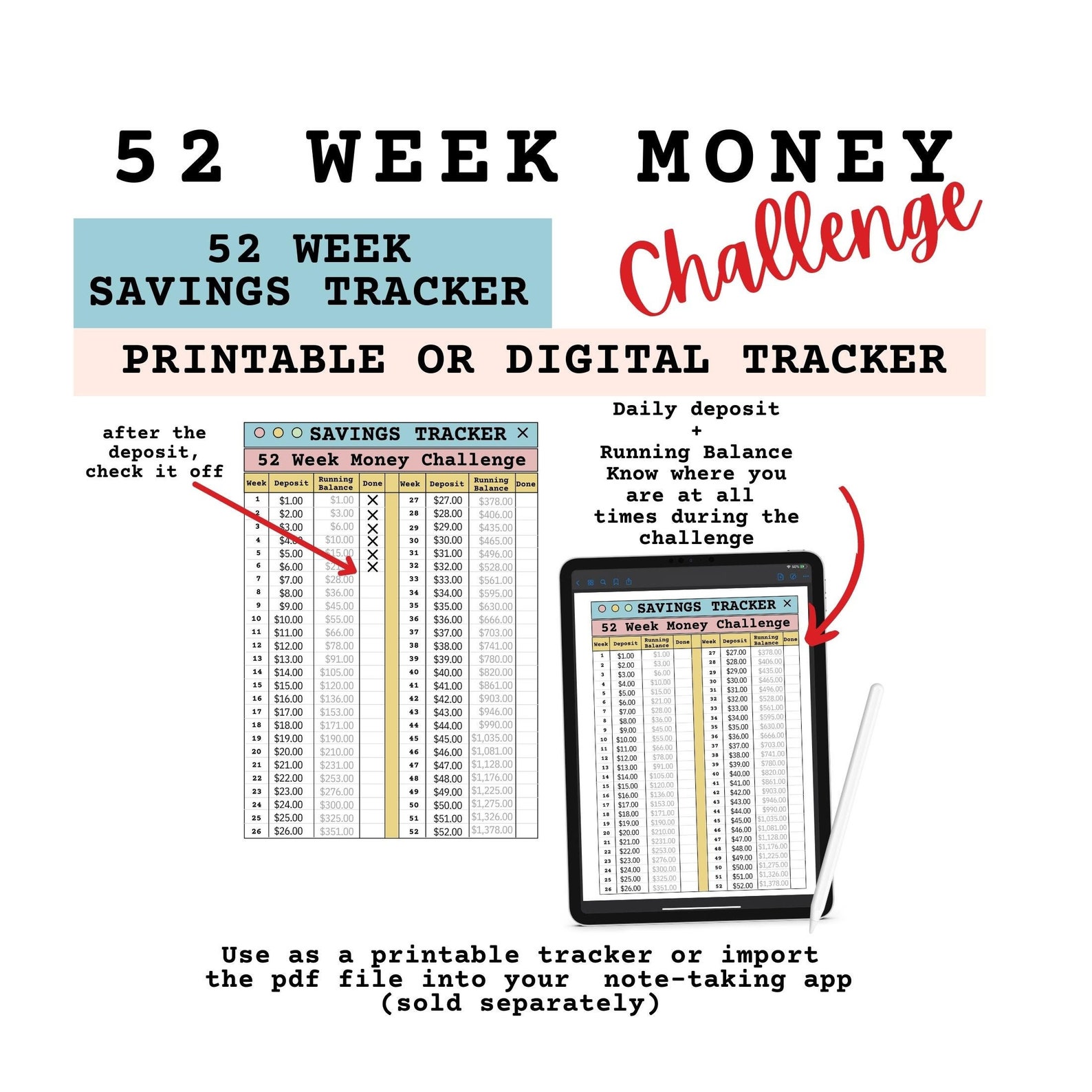 Printable 52 Week Savings Challenge Tracker, Money Challenge, Save 1378 ...