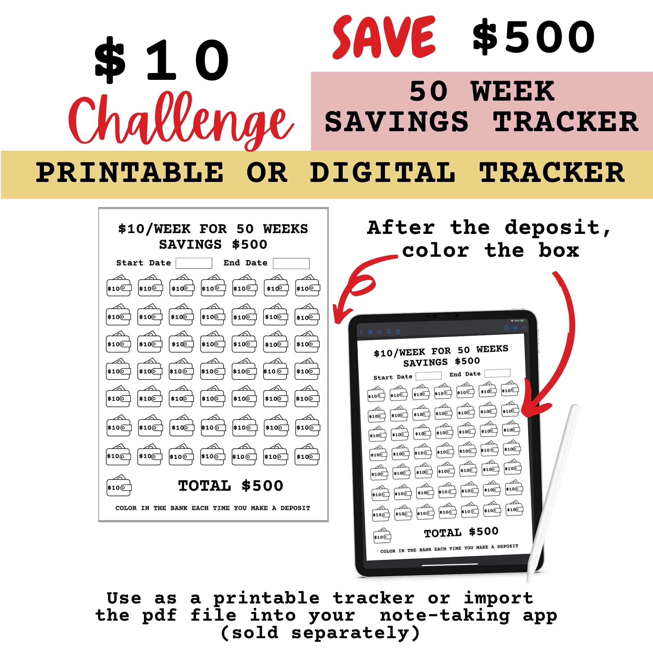 Savings Challenge Tracker, Save 500, 10.00 Money Challenge, Money ...