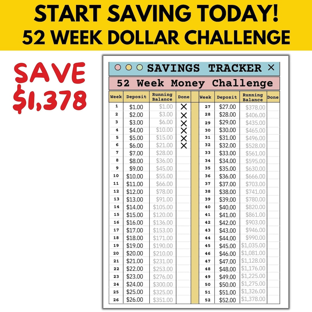 Printable 52 Week Savings Challenge Tracker Money Challenge - Etsy