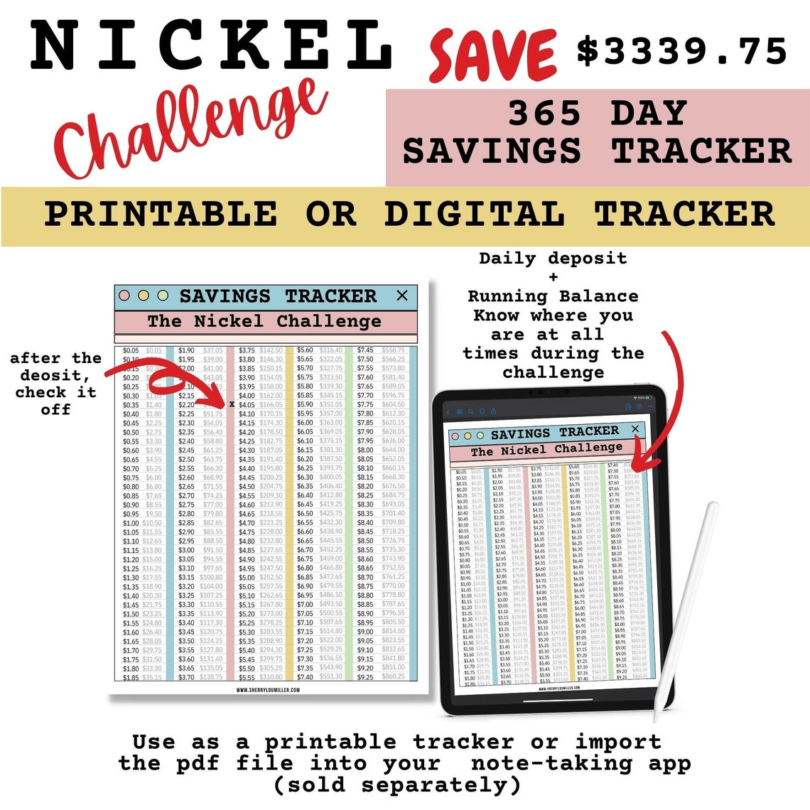 Nickel Savings Challenge Tracker: 365 Day Money Goal (digital Download ...