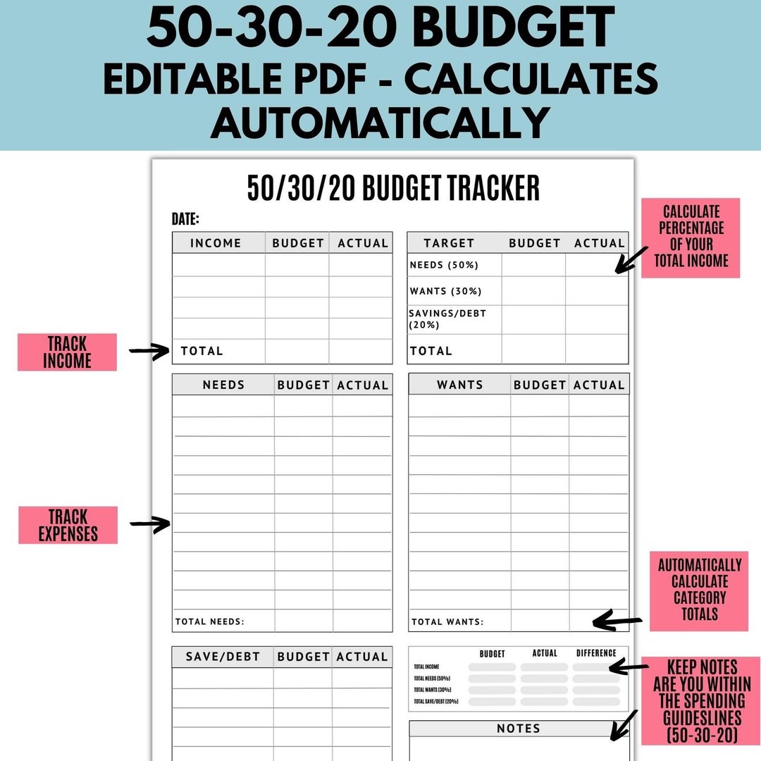 50/30/20 Budget Tracker, Editable Budgeting Template, Income and ...