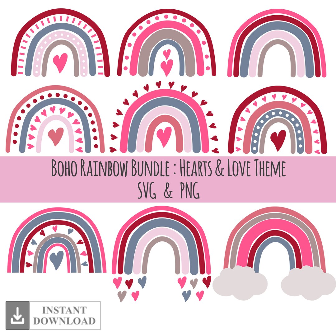 Valentines Boho Rainbows Bundle SVG, Valentines Cut File, Valentines ...