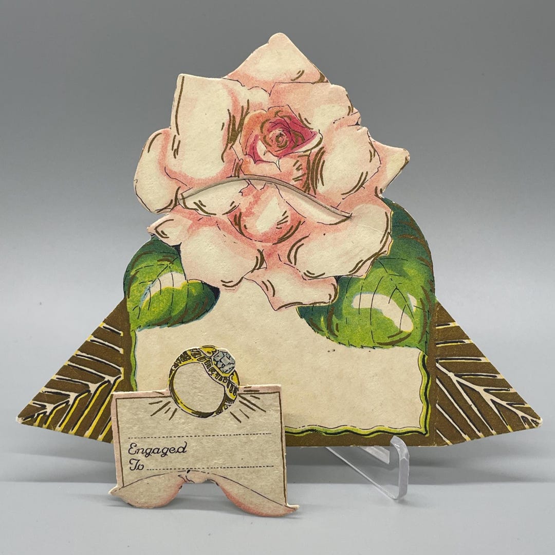 Vintage 1920s Hallmark Engagement Ring Place Card: Pink Rose Die-cut ...