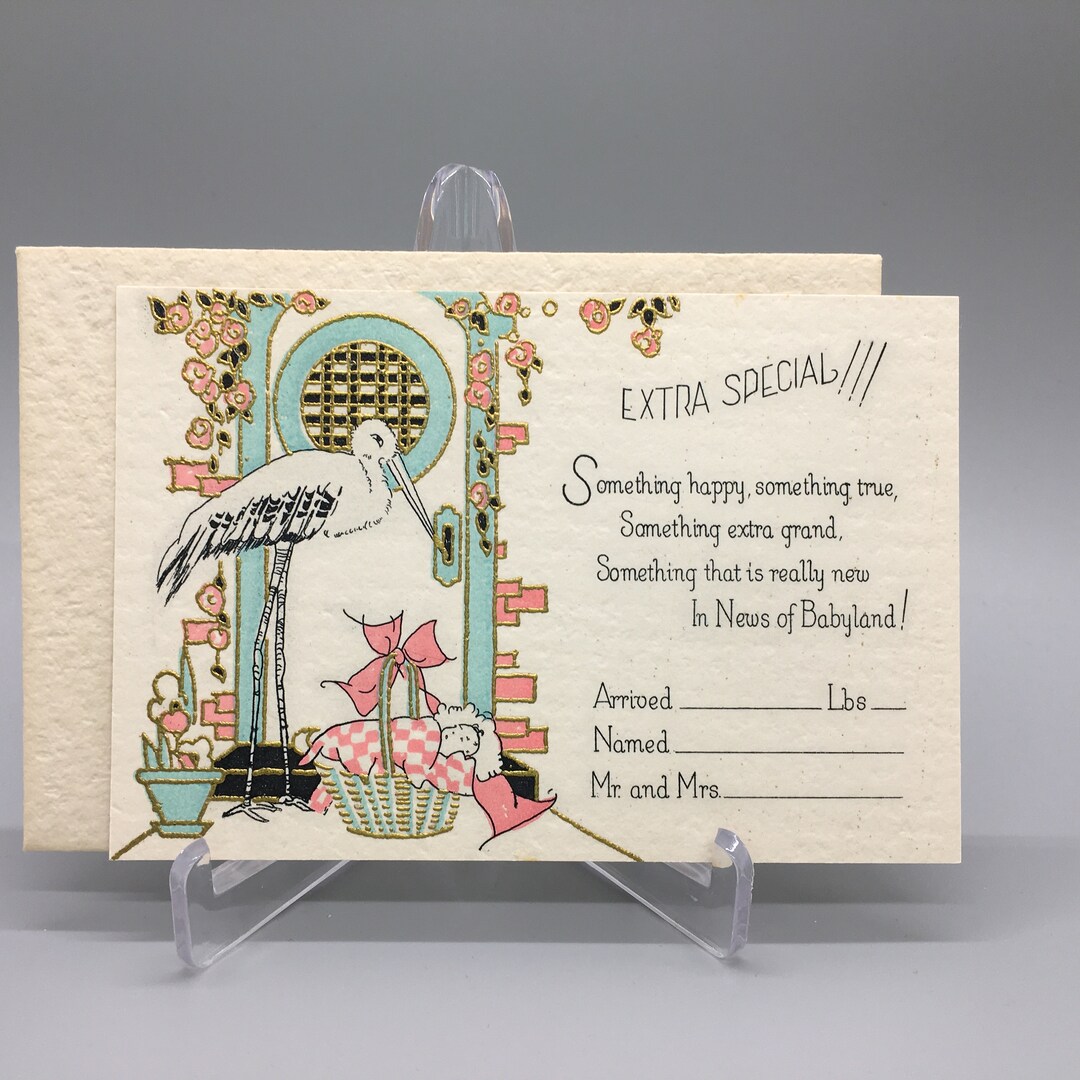 Vintage Unused Art Deco Birth Announcement, Stork and Baby, Gold Accent ...