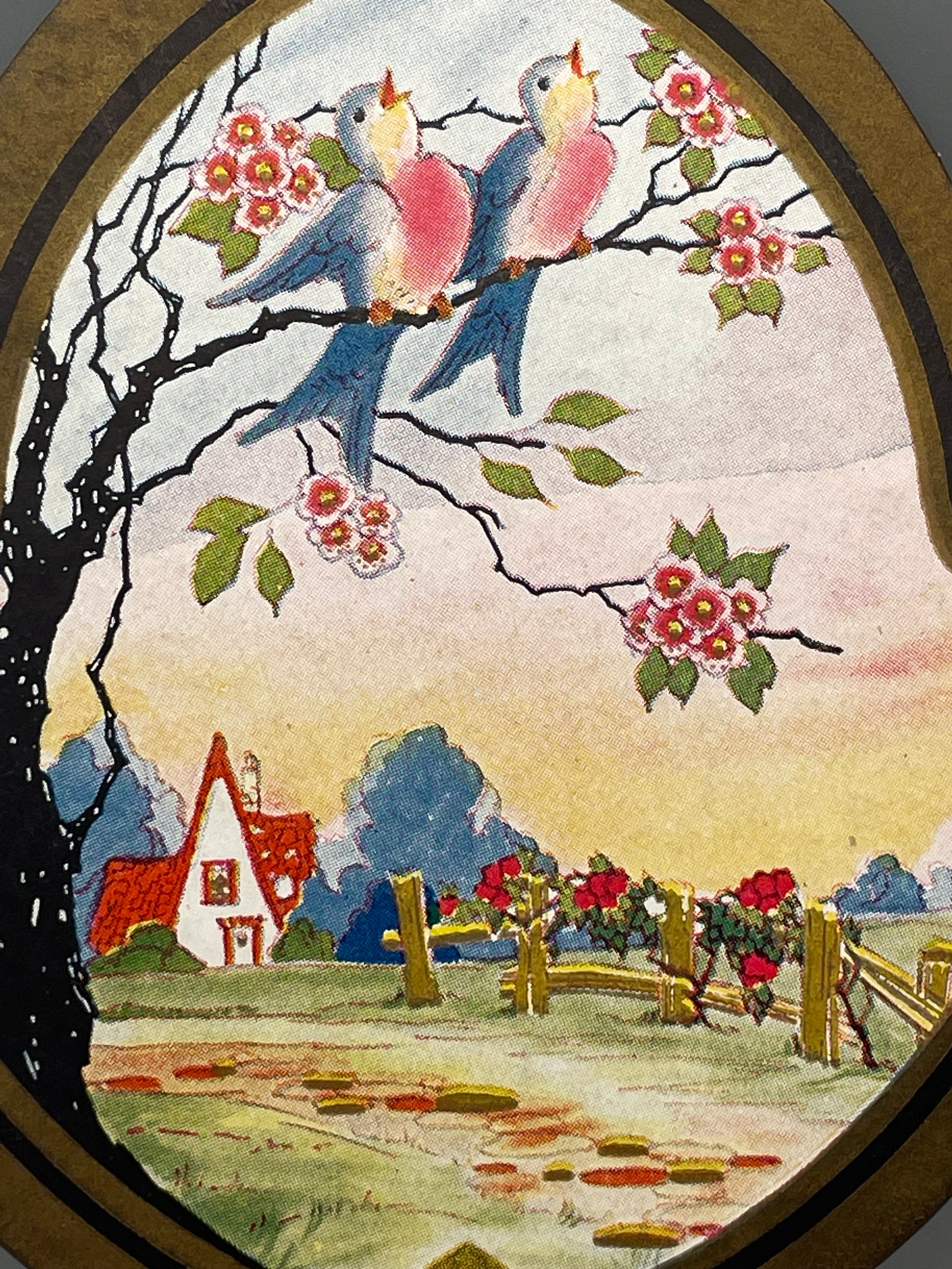 Vintage Fan-shaped Bridge Tally With Blue Birds and Cottage - Etsy