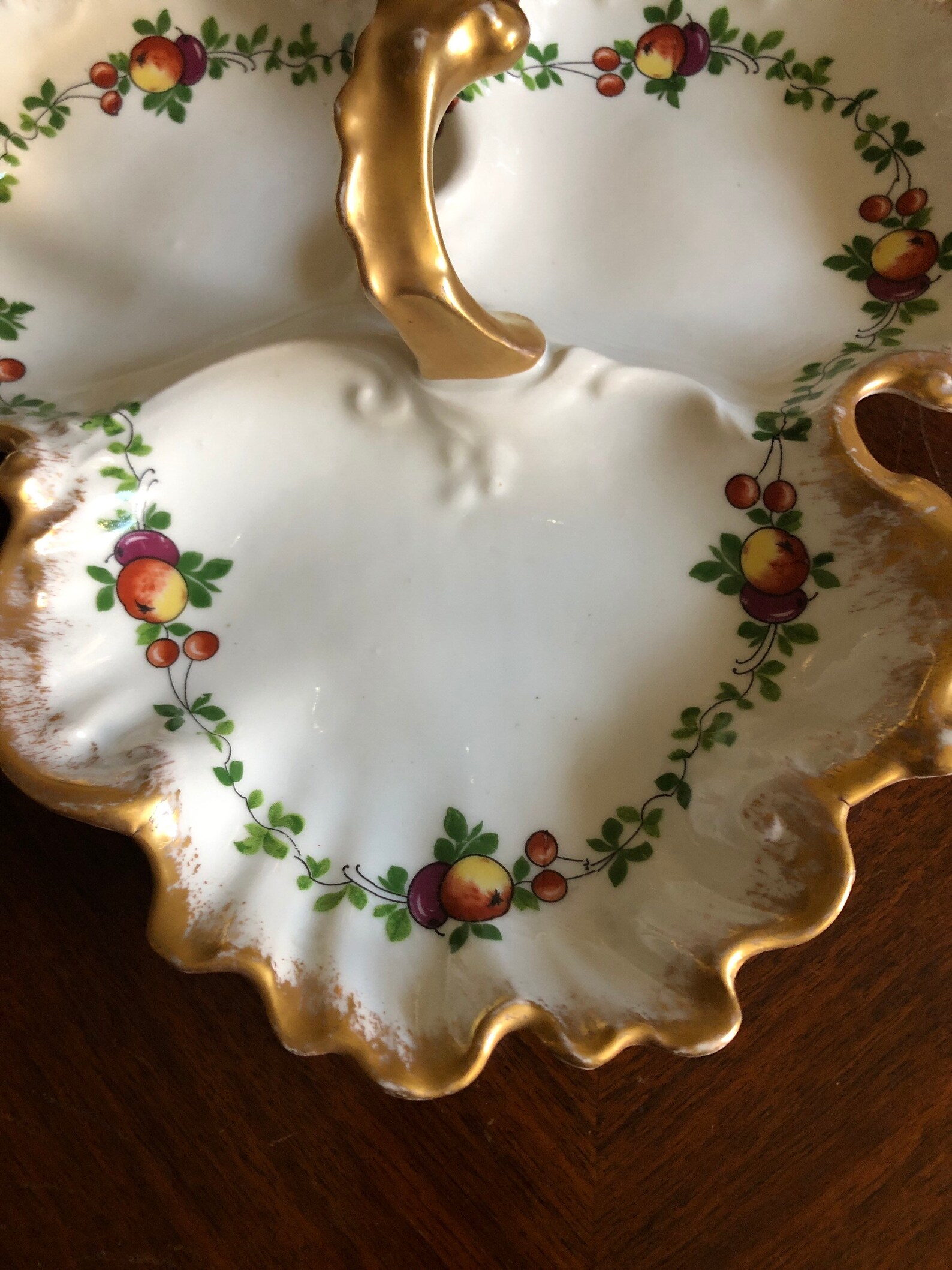 Antique Porcelain Hand Painted Dish With Handle, Divided Serving Dish ...