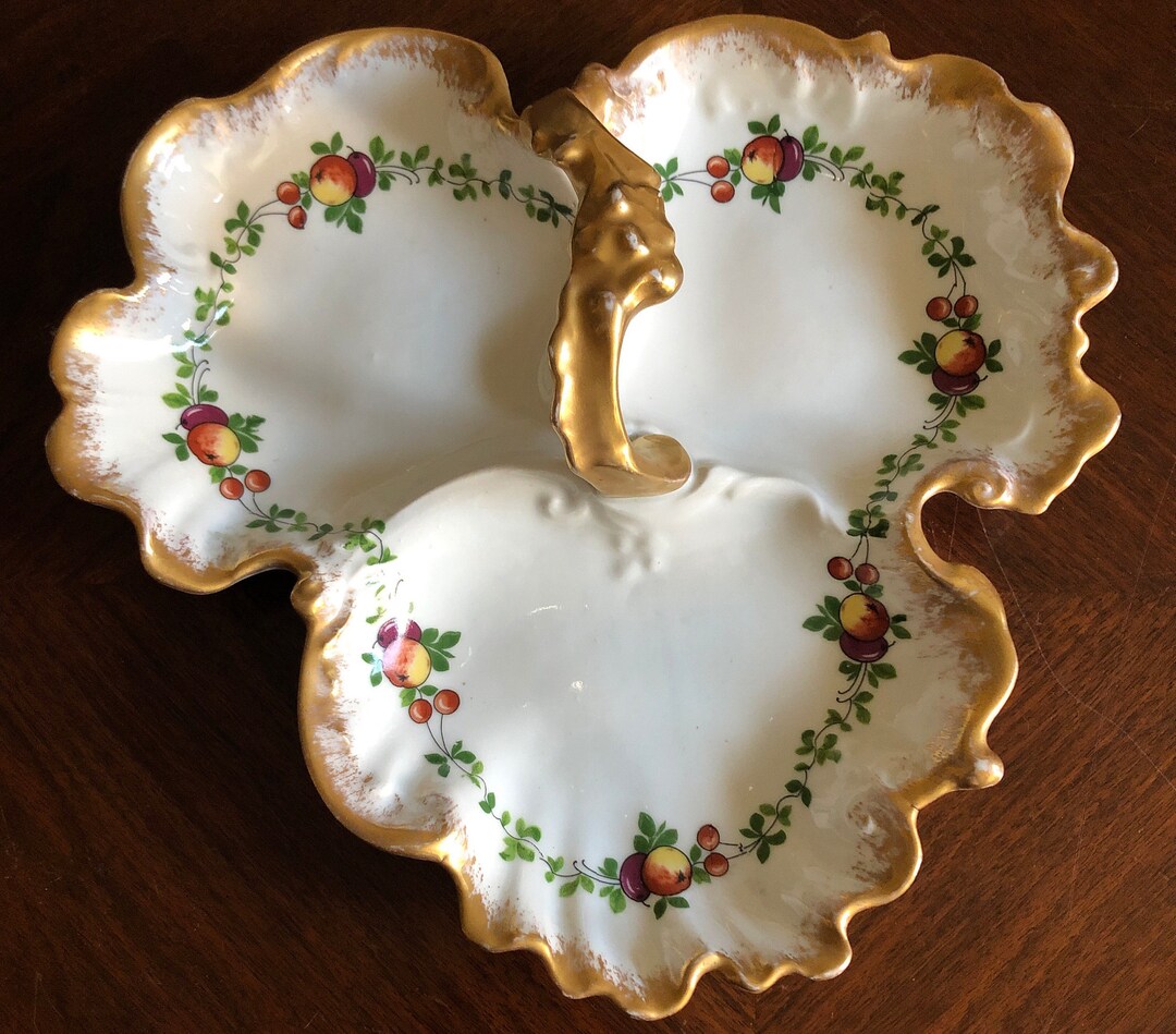 Antique Porcelain Hand Painted Dish With Handle, Divided Serving Dish ...