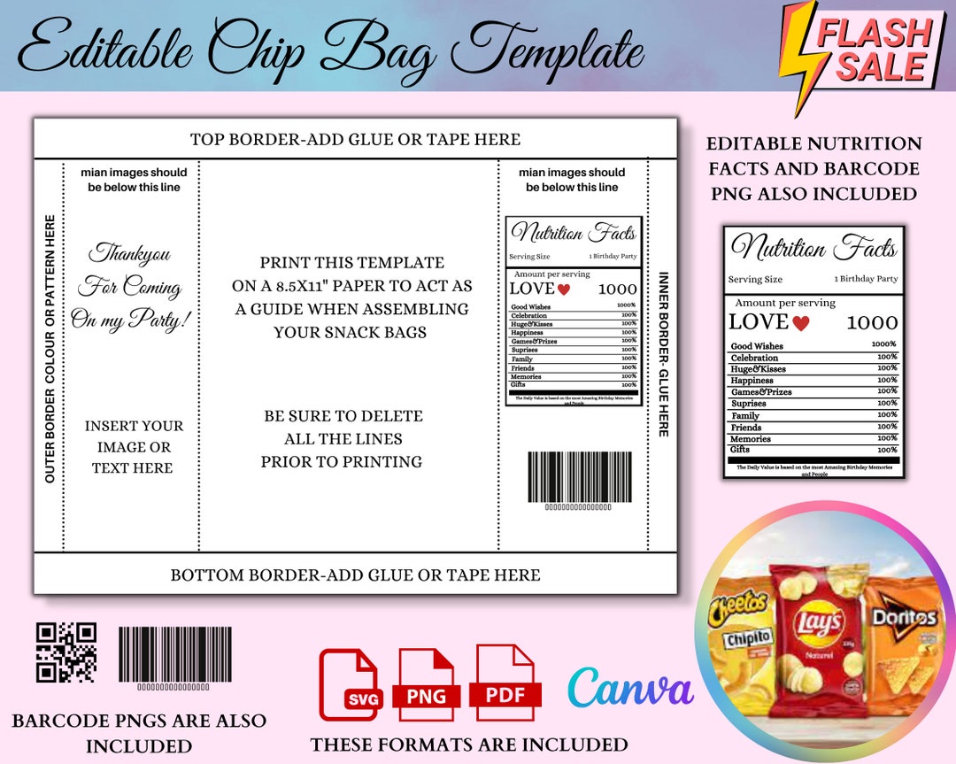Chip Bag Label | Chip Wrap Template | Instant Download | Editable Chip ...