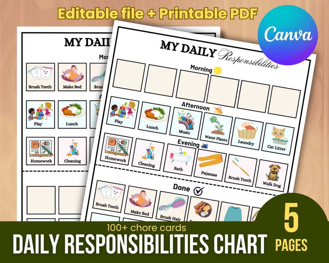 Daily Responsibilities Chore Chart, Printable Full Day Visual Routine ...