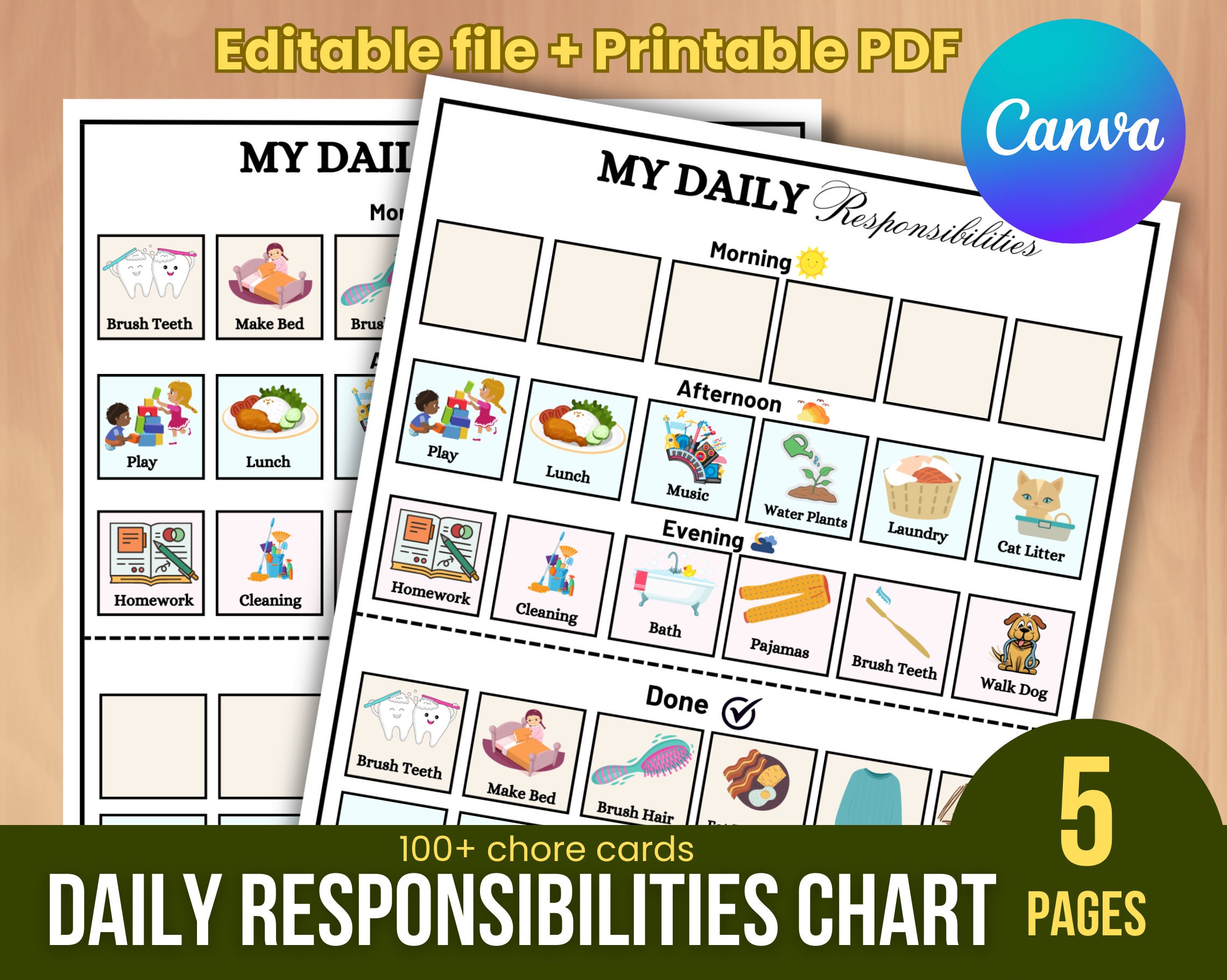 Daily Responsibilities Chore Chart, Printable Full Day Visual Routine ...
