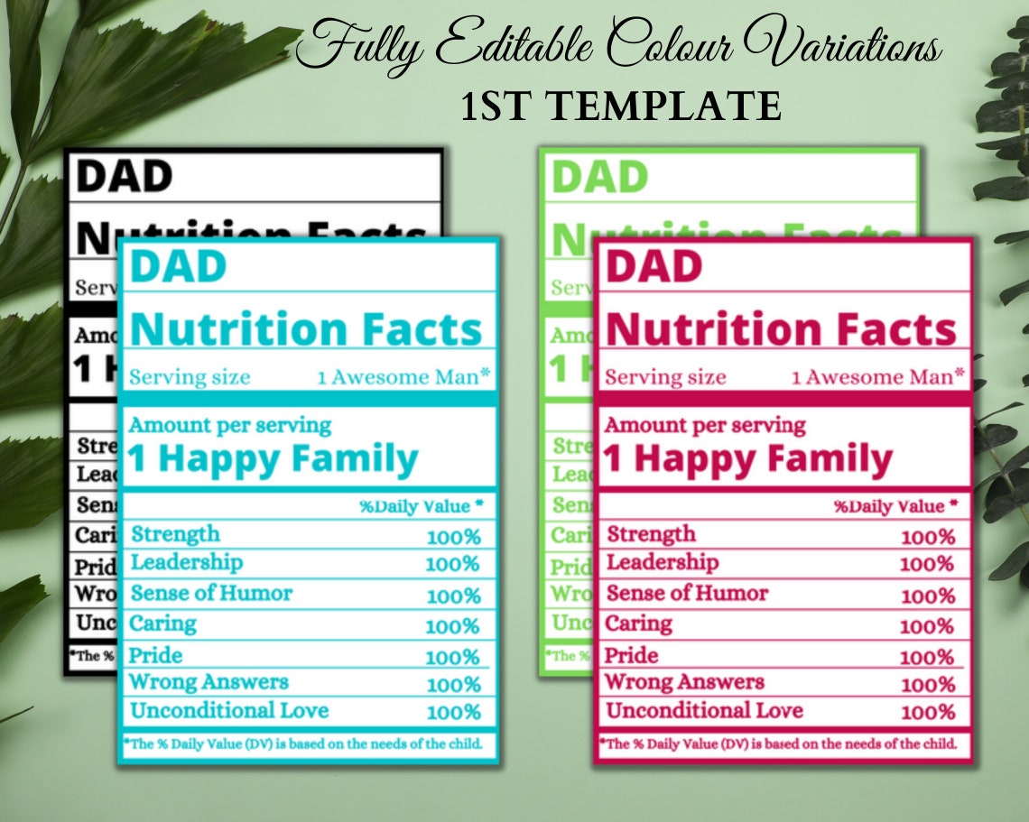 Dad Nutrition Facts | Editable Nutrition | Nutritional Label | Dad ...