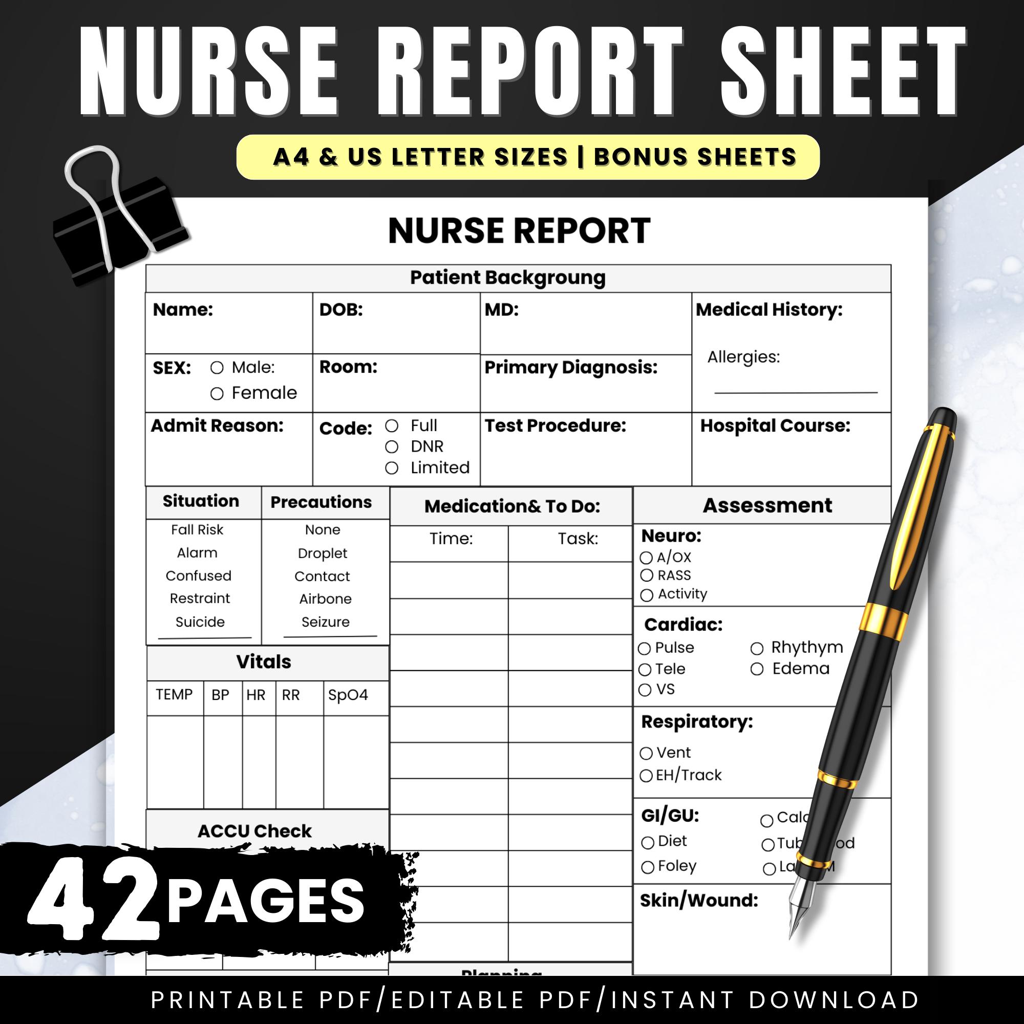 Nurse Report Sheets Editable File & Printable PDF| 42 Sheets | Medical ...