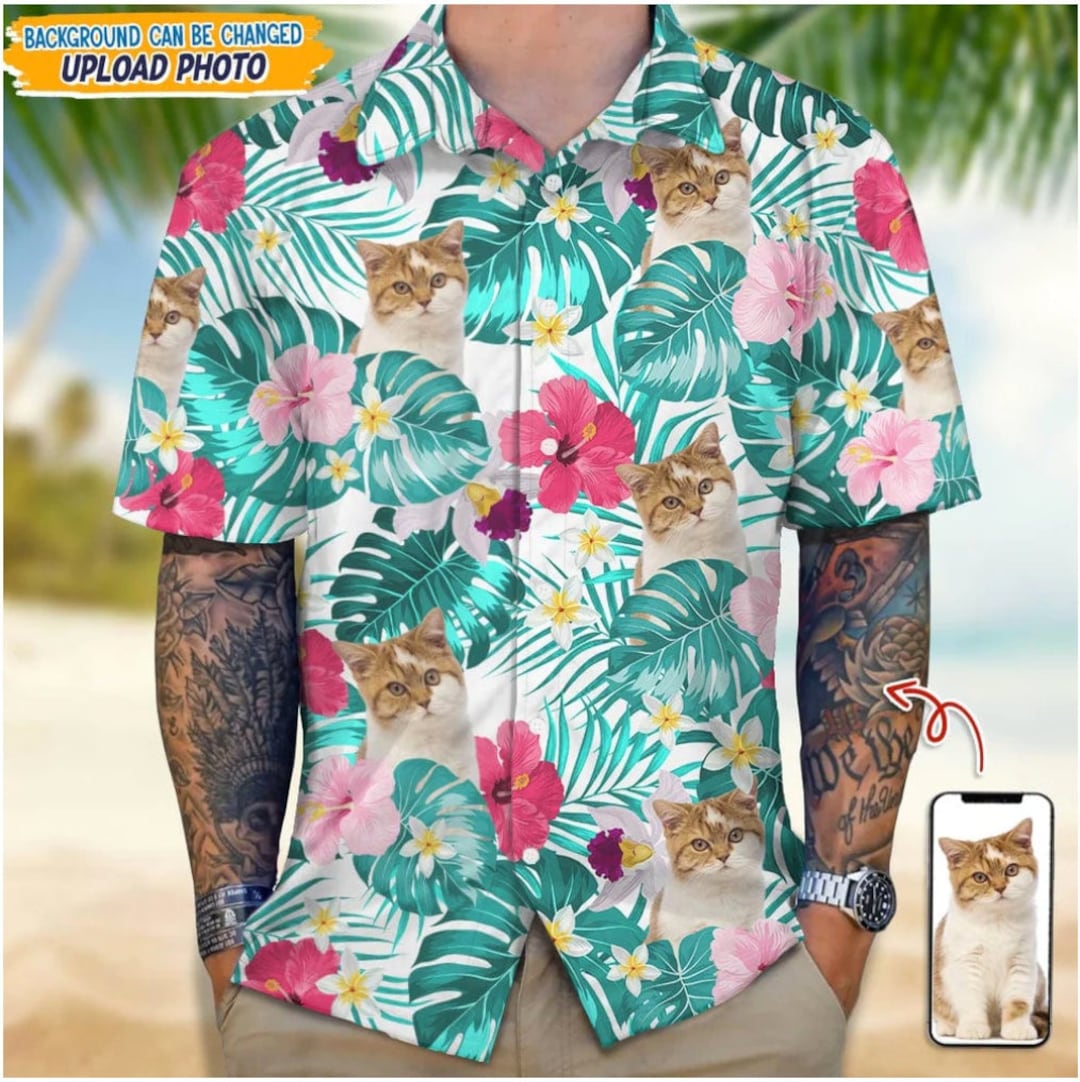 Custom Photo Tropical Style Cat Hawaii Shirt, Personalized Photo Upload Cat Men's Hawaiian Shirt ...